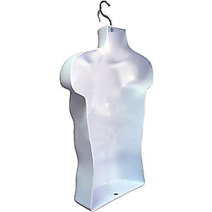 DisplayTown 1 Pack White Male Mannequin Torso with Metal Stand Dress Form Tshirt Display Countertop Hollow Back Body with Metal Pole & Hanging Hook S-M Clothing Sizes