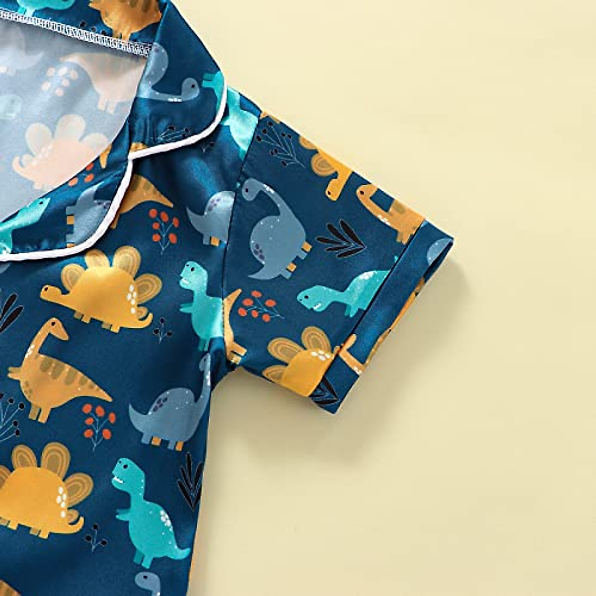 Qiylii Toddler Baby Boy Silk Pajamas Cow/Dinosaur Satin Pajamas Set Short Sleeve Button-Up Top Shorts 2PC PJs Summer (as1, age, 5_years, Blue)