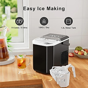 Ice Maker Countertop, Portable Ice Machine with Carry Handle, Self-Cleaning Ice Makers with Basket and Scoop, 9 Cubes in 6 Mins, 26 lbs per Day, Ideal for Home, Kitchen, Camping, RV, Black