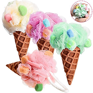 Geiserailie 4 Pieces Kids Loofah Ice Cream Cone Bath Sponge Kids Bath Shower Sponge Body Scrubber Exfoliating Loofah for Spa Shower