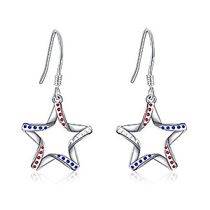 USA Flag Dangle Earrings for Women: 925 Sterling Silver American Patriotic Red White and Blue Star Drop Earrings America Independence Day 4th of July Patriotic Jewelry Gifts (Star)