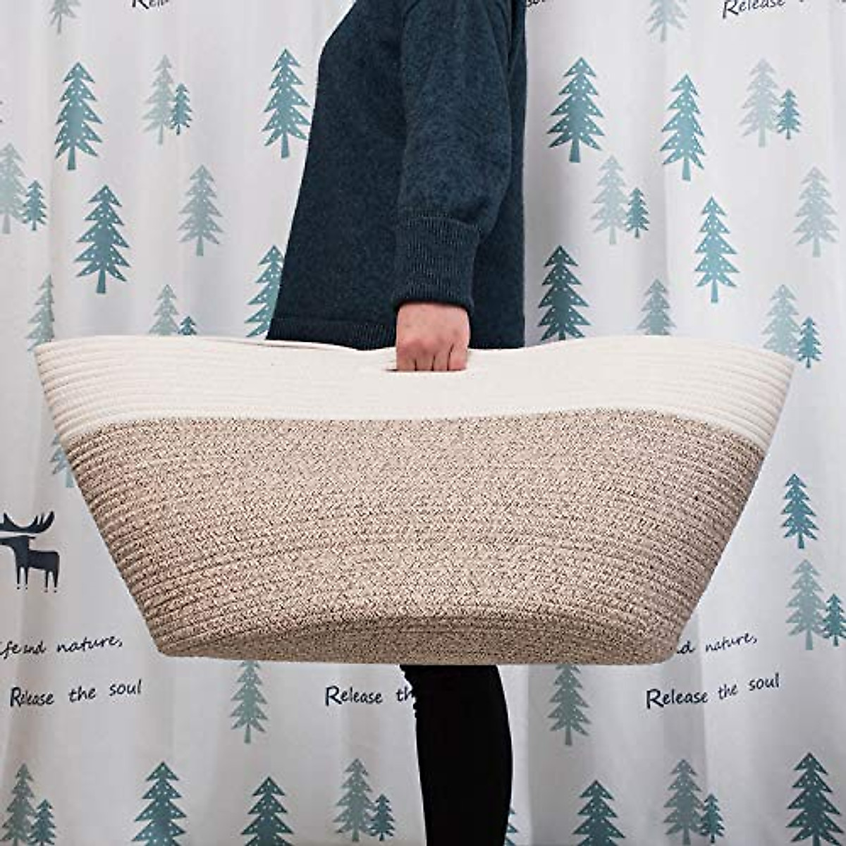 MINTWOOD Design Extra Large 22 x14 Inches Decorative Woven Cotton Rope Basket, Laundry Basket, Blanket Basket, Baby and Dog Toy Storage Baskets Bin, Kid Laundry Hamper, Towel Basket, Light Brown