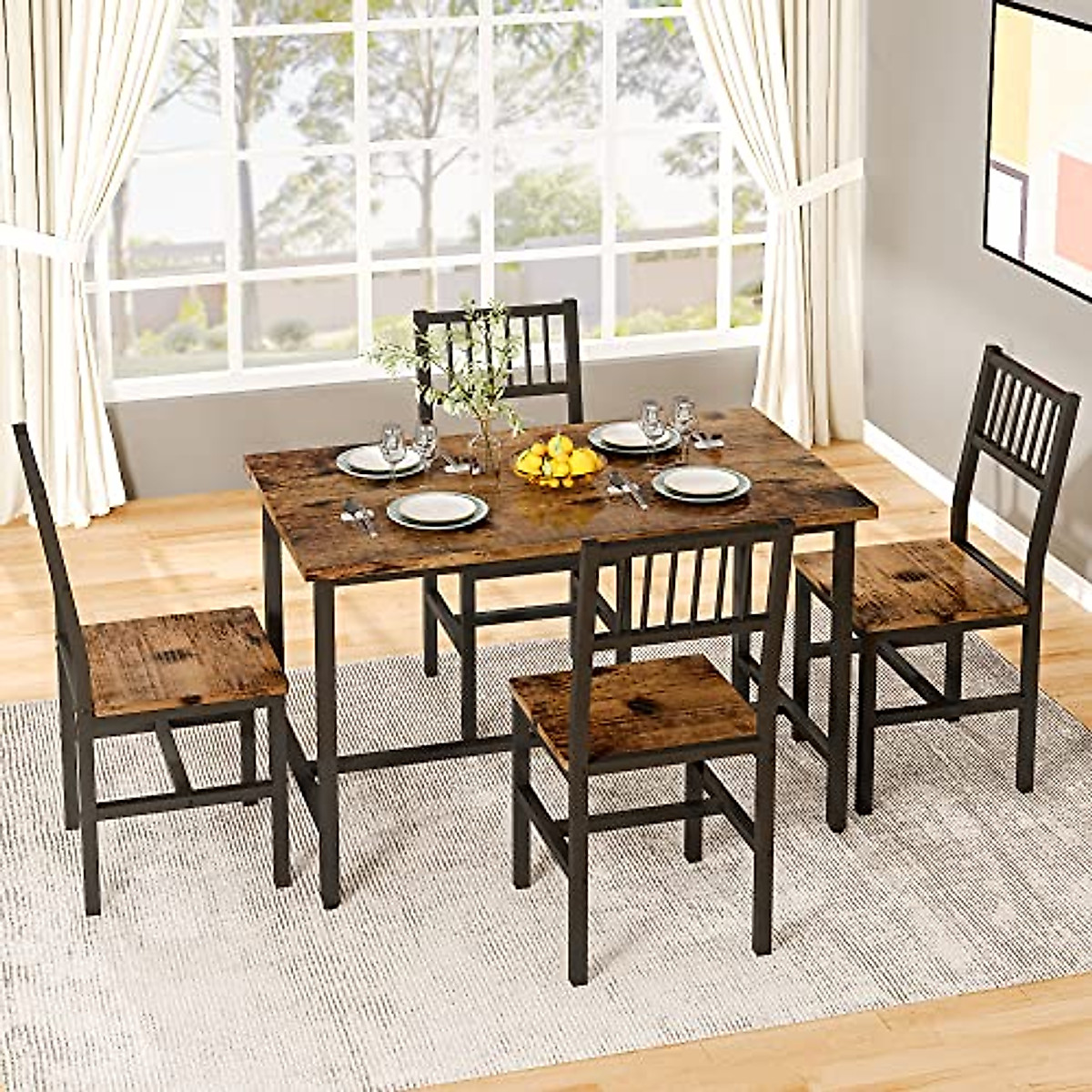 Lamerge Kitchen Table Set for 4, Industrial 43.3" Dining Table and Chairs Set with Metal Frame, 5 Piece Space Saving Dining Table Set, Ideal for Kitchen Dining Room Home & Office