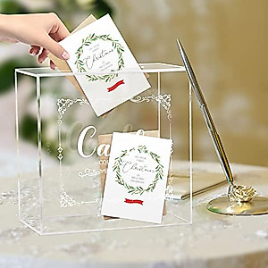 Clear Acrylic Wedding Card Box Large DIY Card Boxes with 4 "Card" Text Stickers Gift Card Box Money Box Holder for Wedding Reception Anniversary Birthday Party Baby Shower Graduation Decorations (10 x 10 x 5.5 inch)