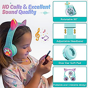 Riwbox CF9 Cat Ear Kids Bluetooth Headphones with LED Light Up,Safe 85dB Volume Limit,Built-in Mic&Boom Mic for Calls,Kids Wireless&Wired Headphones for Girls/Toddler/Online Learning/School (Green)