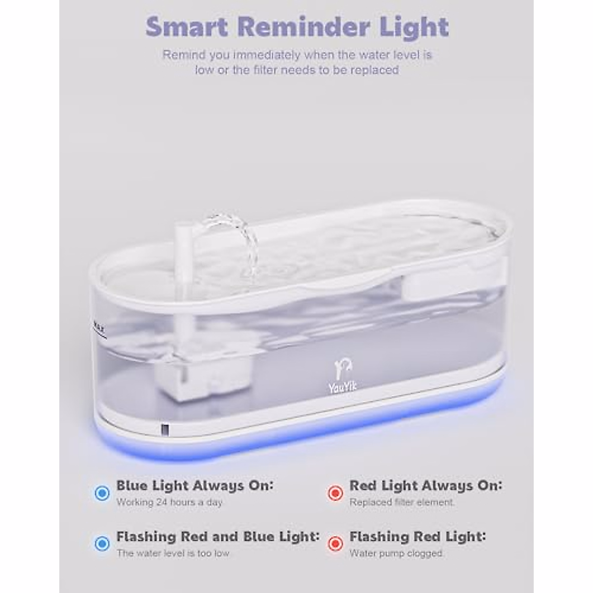 YauYik Cat Water Fountain with Wireless Pump, 78 fl oz/2.3L Ultra-Quiet Automatic Pet Water Fountains for Cats and Dogs, Cat Dispenser Bowl for Drinking with Smart LED Light & 3 Flow Modes