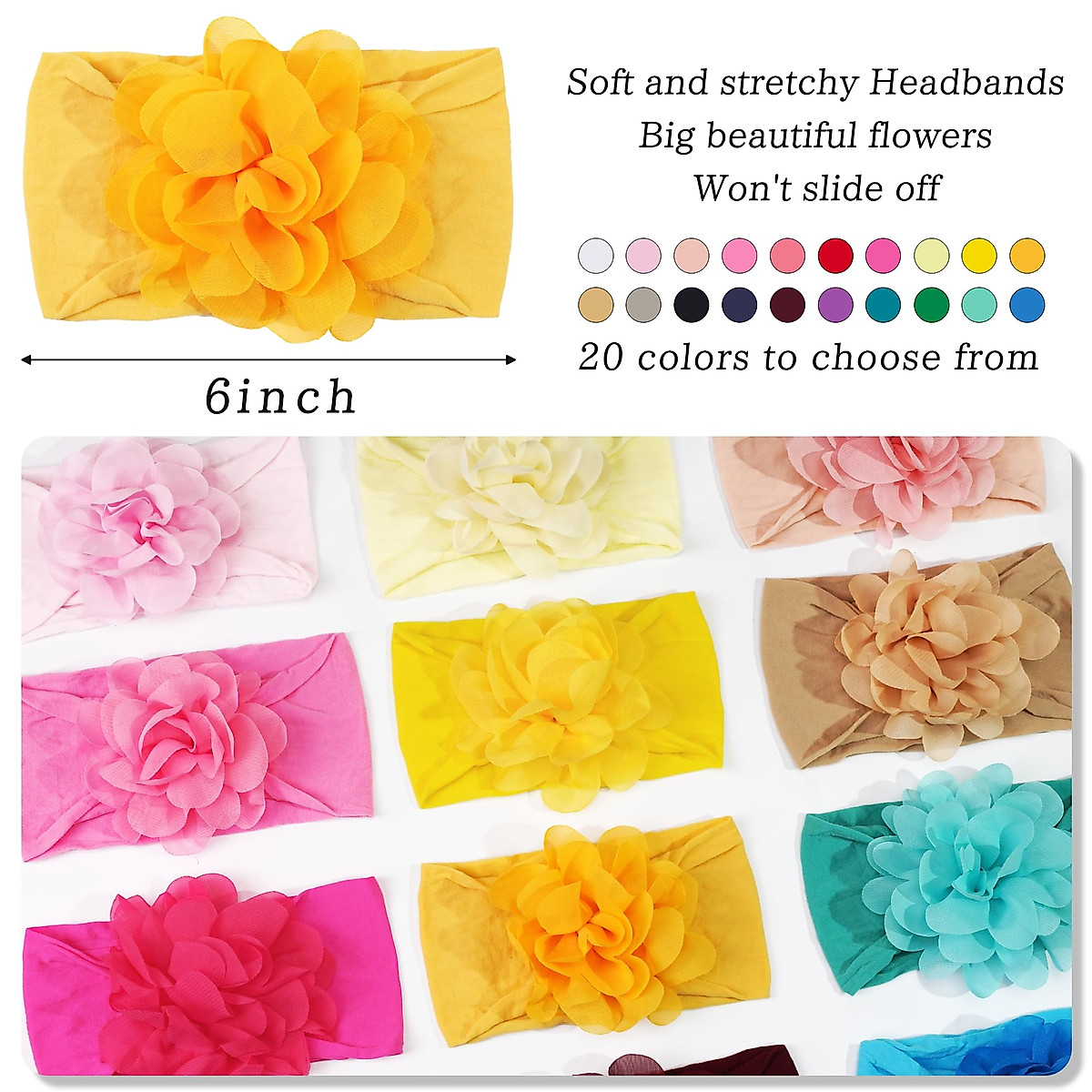 CÉLLOT 20 Colors 4 Inch Chiffon Flower Baby Girls Headbands Soft Elastic Nylon Hairbands for Newborn Infant Toddler Girls Kids