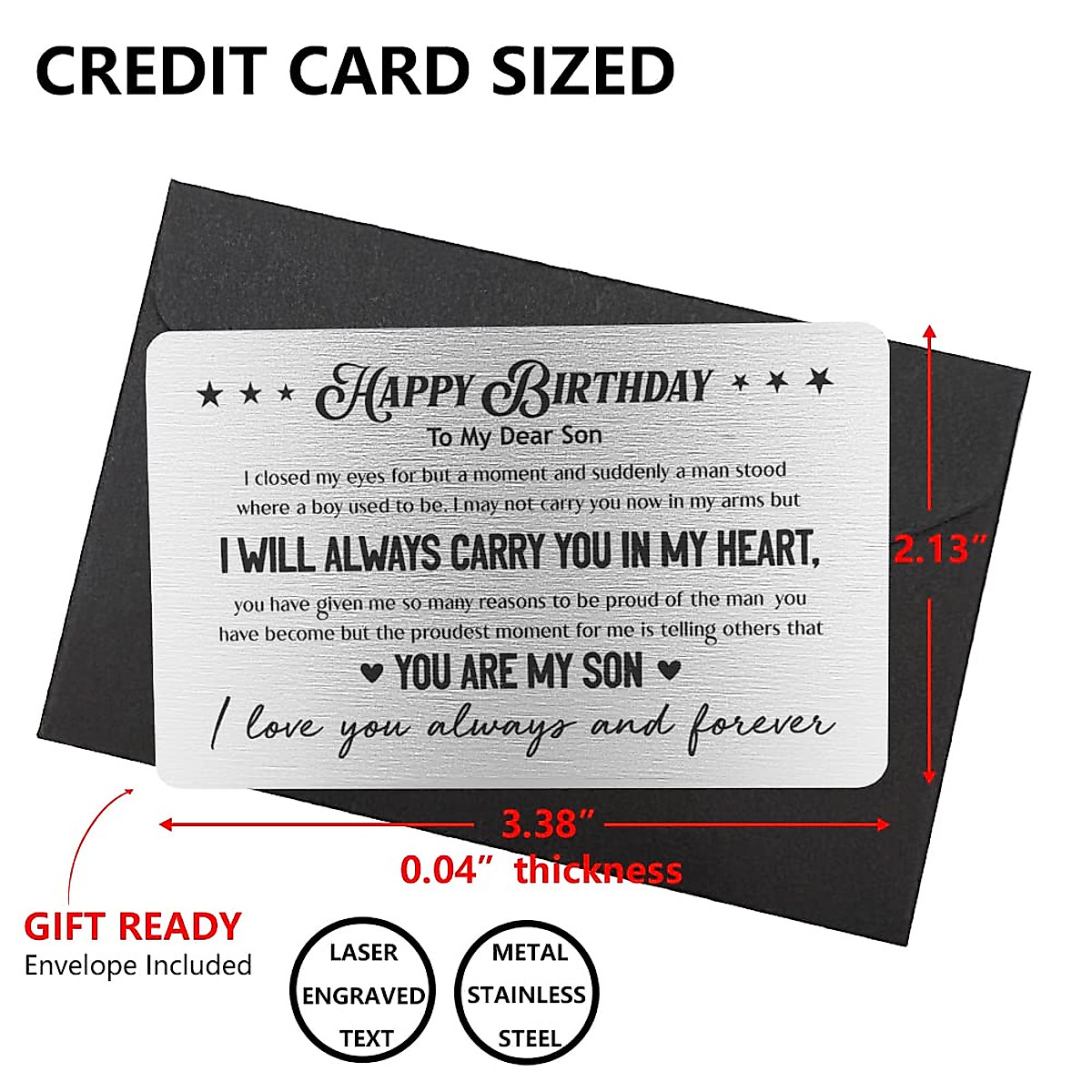 Renaissancey Son Birthday Card, Laser Engraved Wallet Card, Unique Gift for Son, Stainless Steel, 3.38"x2.13"x0.04"