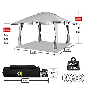 CROWN SHADES 13X13 Outdoor Pop Up Gazebo Base 10X10 Patio Gazebos Patented Center Lock Quick Setup Newly Designed Storage Bag Instant Canopy Tent with Mosquito Nettings(13x13, Grey)