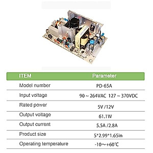 FerroFab PD-65A 5V/5.5A & 12V/2.8A Dual Output Switching Power Supply, 90-264VAC/127-370VDC Input, UL/TUV/CB/CE Certified, for Industrial Control Systems & Automation Equipment