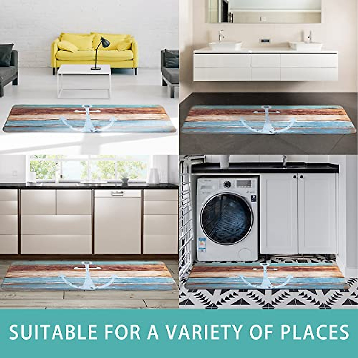 Bathroom Rugs, Kitchen Rug Non-Slip Soft Absorbent Bath Mats with Nautical Anchor Flannel for Bathroom Kitchen and Hallway 24 inches X 71 inches Turquoise/Brown