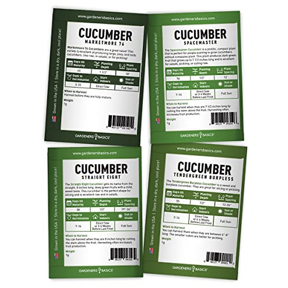 Cucumber Seeds for Planting Outdoors 8 Variety Pack Burpless Tendergreen, Beit Alpha, Marketmore 76, Armenian, Boston Pickling, Lemon, Spacemaster, Straight Eight Veggie Seeds by Gardeners Basics