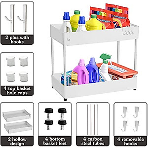 C&AHOME Under Sink Organizers, 2-Tier Kitchen Bathroom Storage Cabinet with Hooks, Counter top Storage Rack, Cabinet Organizer Baskets, Multipurpose Storage Shelf Ideal for Kitchen, Bathroom, White