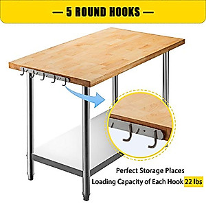 VEVOR Maple Top Work Table, 36x24 Inches, Stainless Steel Wood Kitchen Prep Table with 937 LBS Load Bearing, Kitchen Island Table with Lower Shelf and Adjustable Feet, Outdoor Prep Table for Kitchen