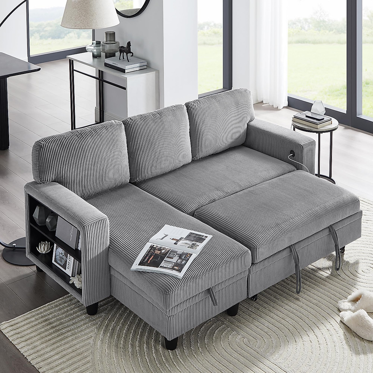 RedLemon 80”Sleeper Sofa Bed,L-Shaped Convertible Sectional Striped Couch Bed with Storage Chaise,2 Built-in Bookshelves and USB Charging Port - Light Grey