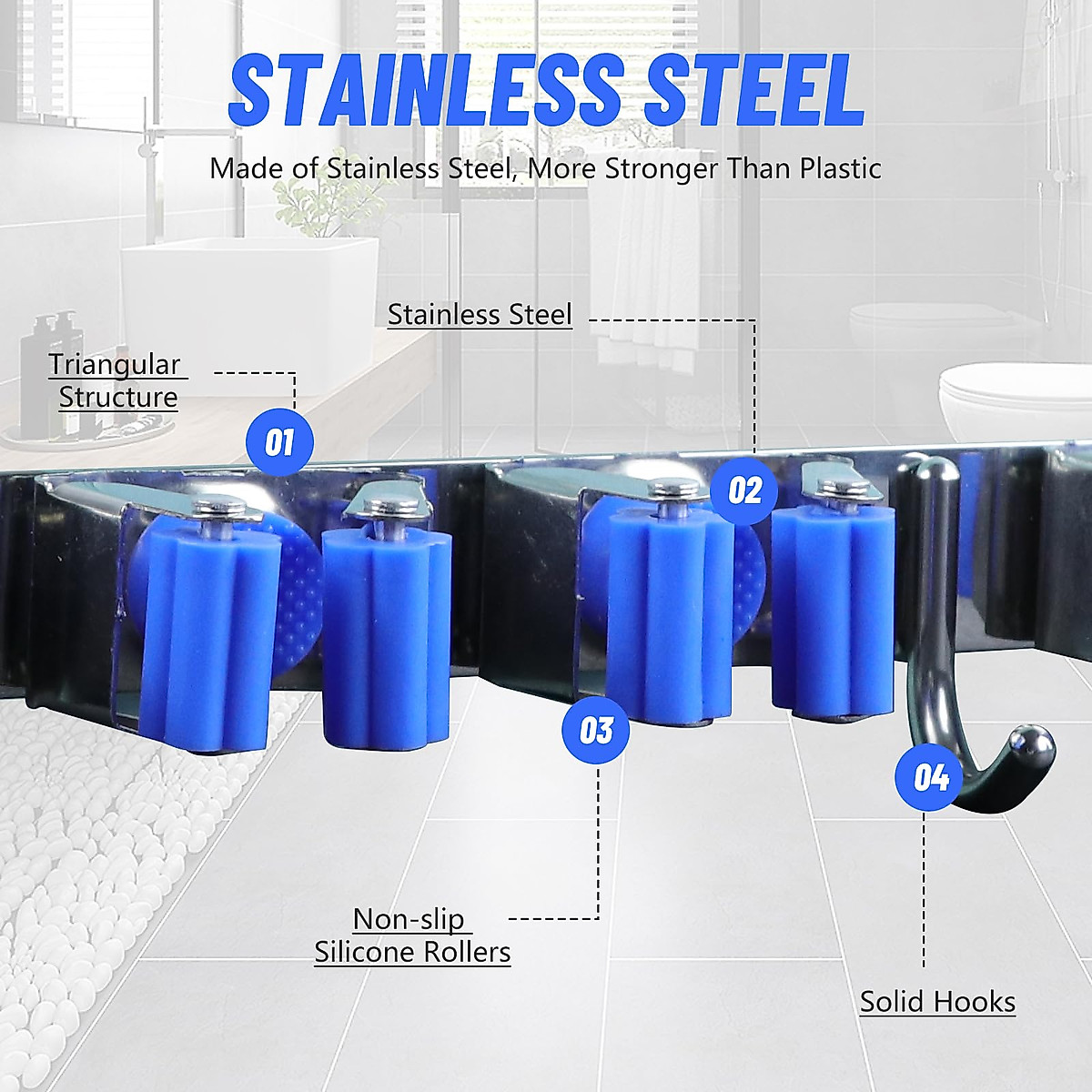 Mop Broom Holder Wall Mounted,6 Racks 3 Hooks Heavy Duty Stainless Steel Broom and Mop Hangers,Garage Storage Rack & Garden Tool Organizer, Self-adhesive/Screw Drilling