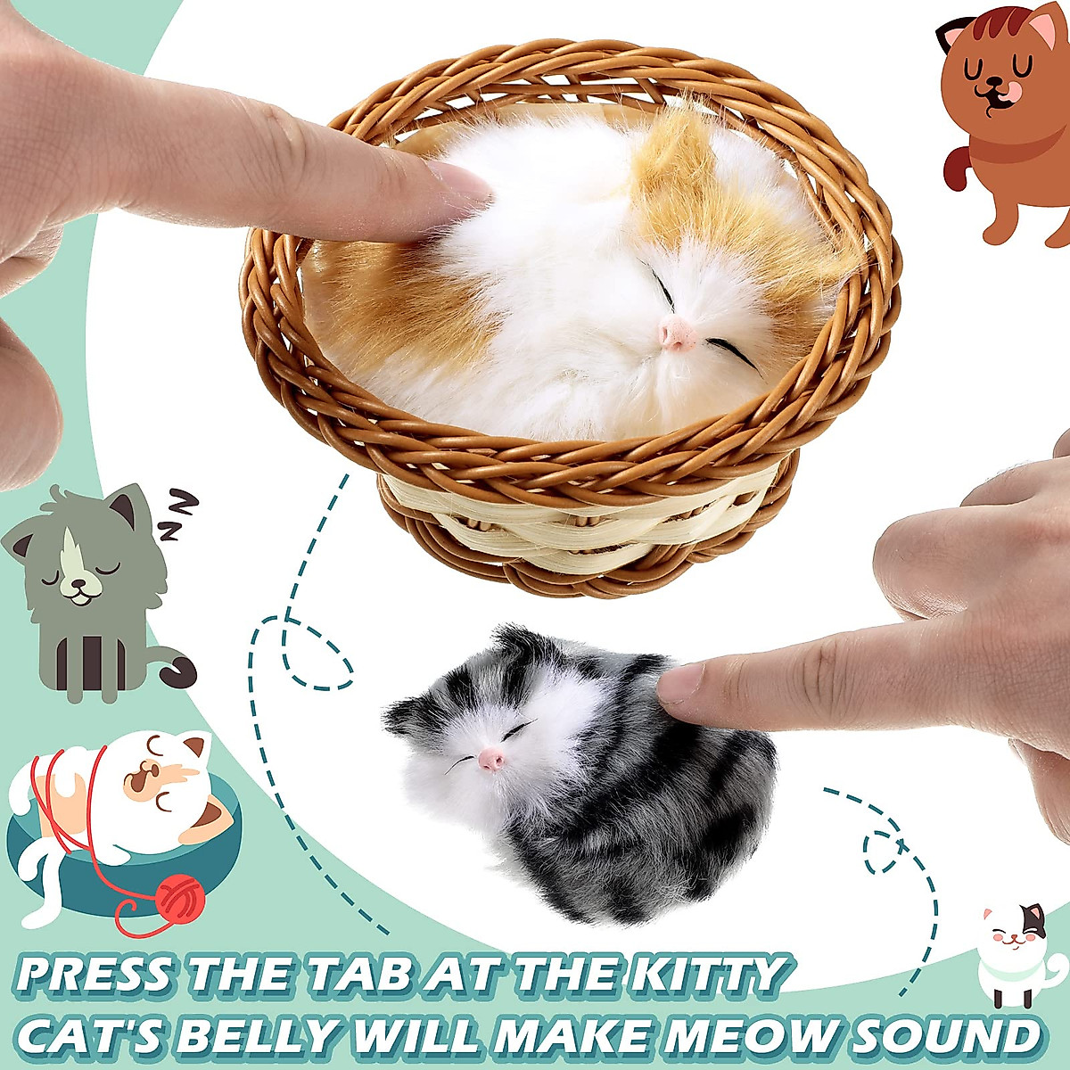 Civaner 4 Pcs Sleeping Cat in Basket Doll Toy Lovely Mini Kitten in Woven Realistic Fake Fluffy Hand Gift Plush Stuffed Decor with Meows Sounds for Office Desk Boys Girls