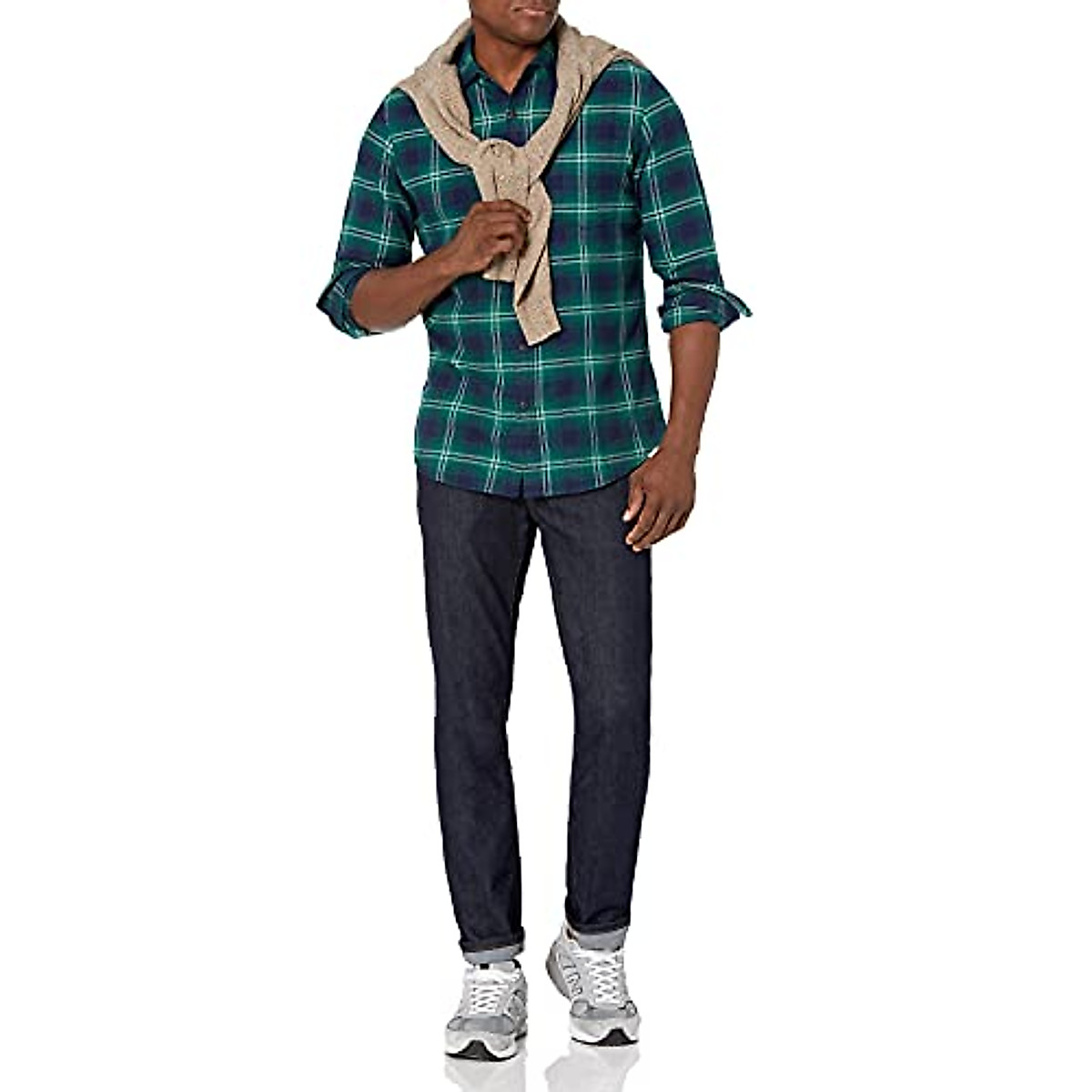 Amazon Essentials Men's Slim-Fit Long-Sleeve Plaid Flannel Shirt (Limited Edition Colors), Green Navy Plaid, Medium