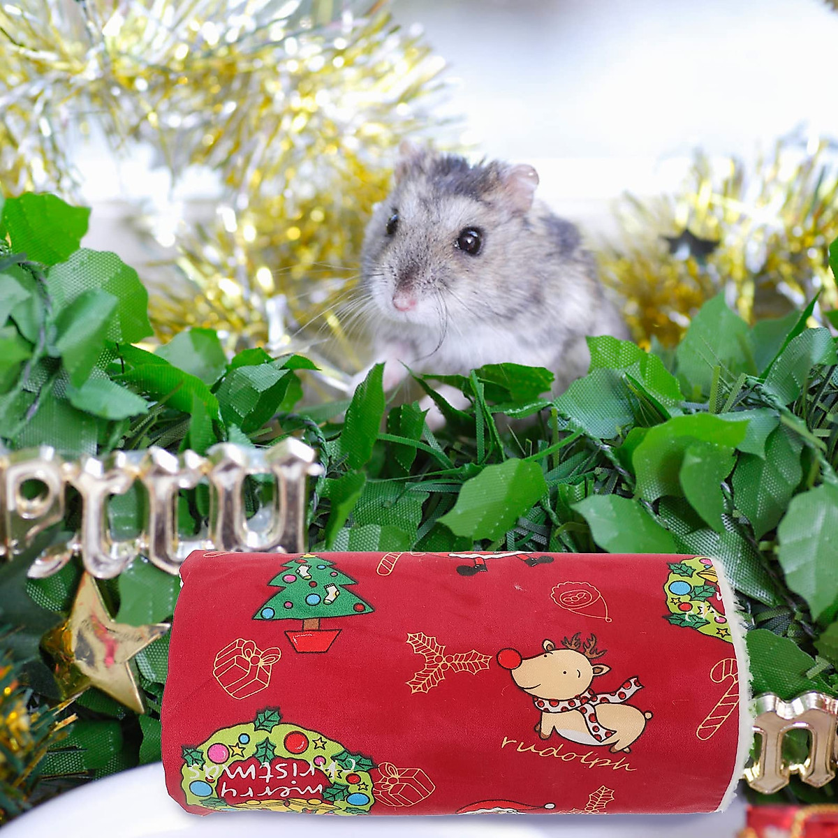 UKCOCO Ferret Toys Hamster Tunnel Plush Hamster Play Tunnels Christmas Warm Tunnel Living Habitats Small Animal Hideout Tubes Bed Toy for Rat Hedgehogs Gerbil Indoor Hammock