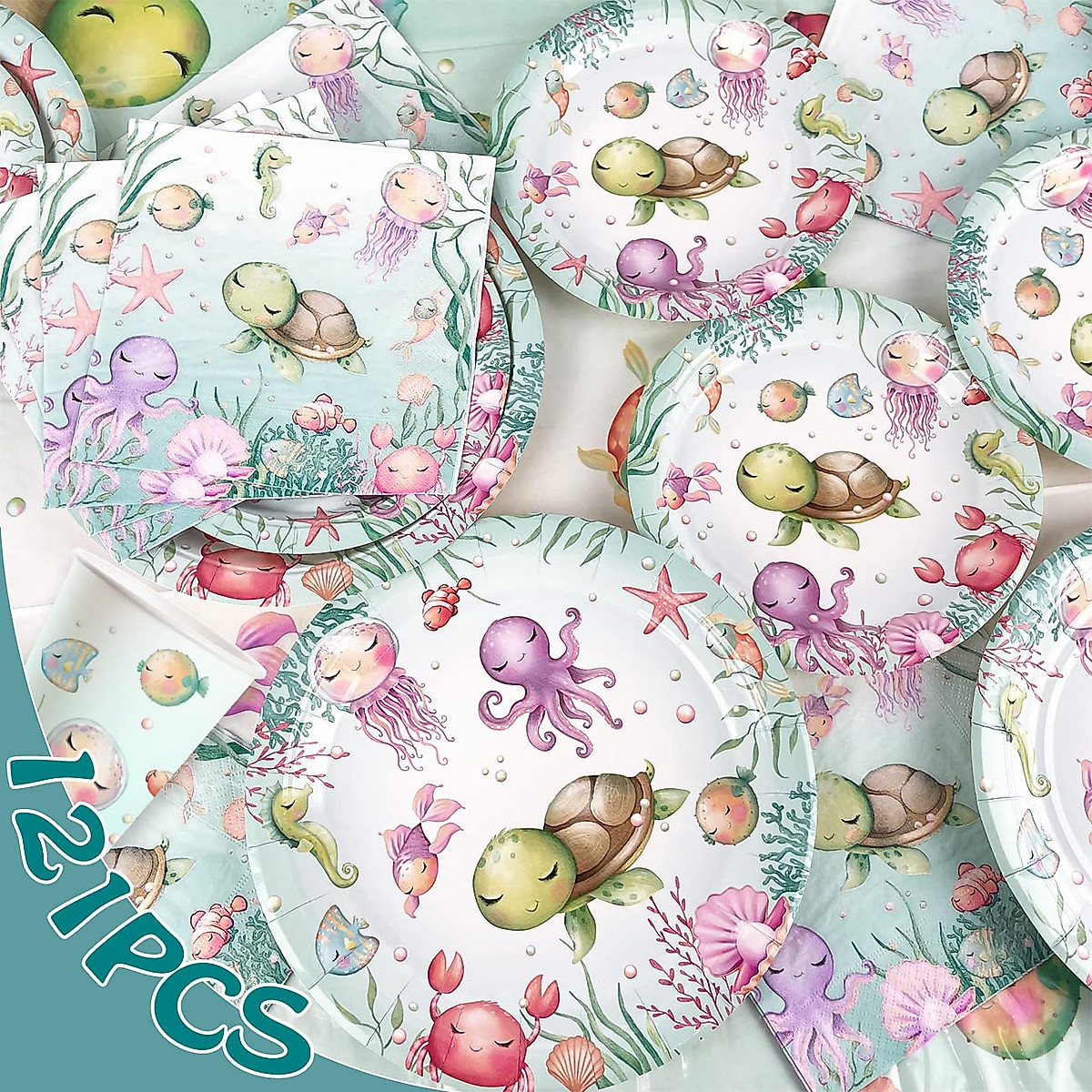 Under the Sea Party Decorations Turtle Birthday Decorations with Ocean Sea Life Plates Napkins and Cups for Underwater World Birthday Baby Shower Party Decorations Serves 30 Guests - 121 Pieces