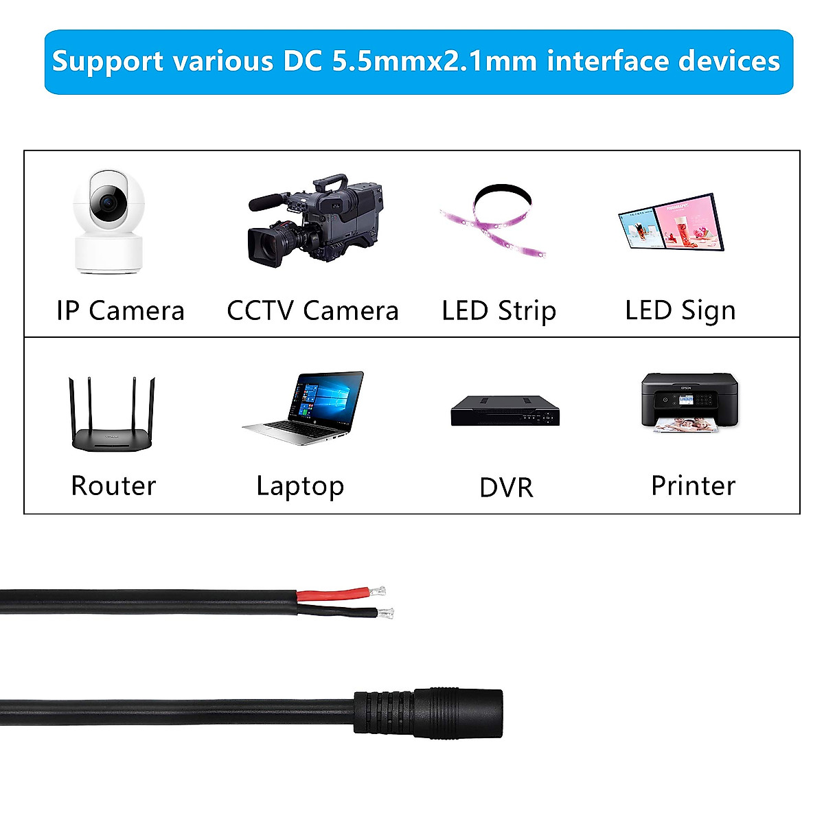 DC Power Pigtails Cable,3FT DC 5.5MM x 2.1MM Female Plug to Bare Wire Open End Power Wire Supply Repair Cable,16 AWG Barrel Connector Pigtail for CCTV Security Camera,DVR，LED Strip Light Etc-2 Pcs(F)
