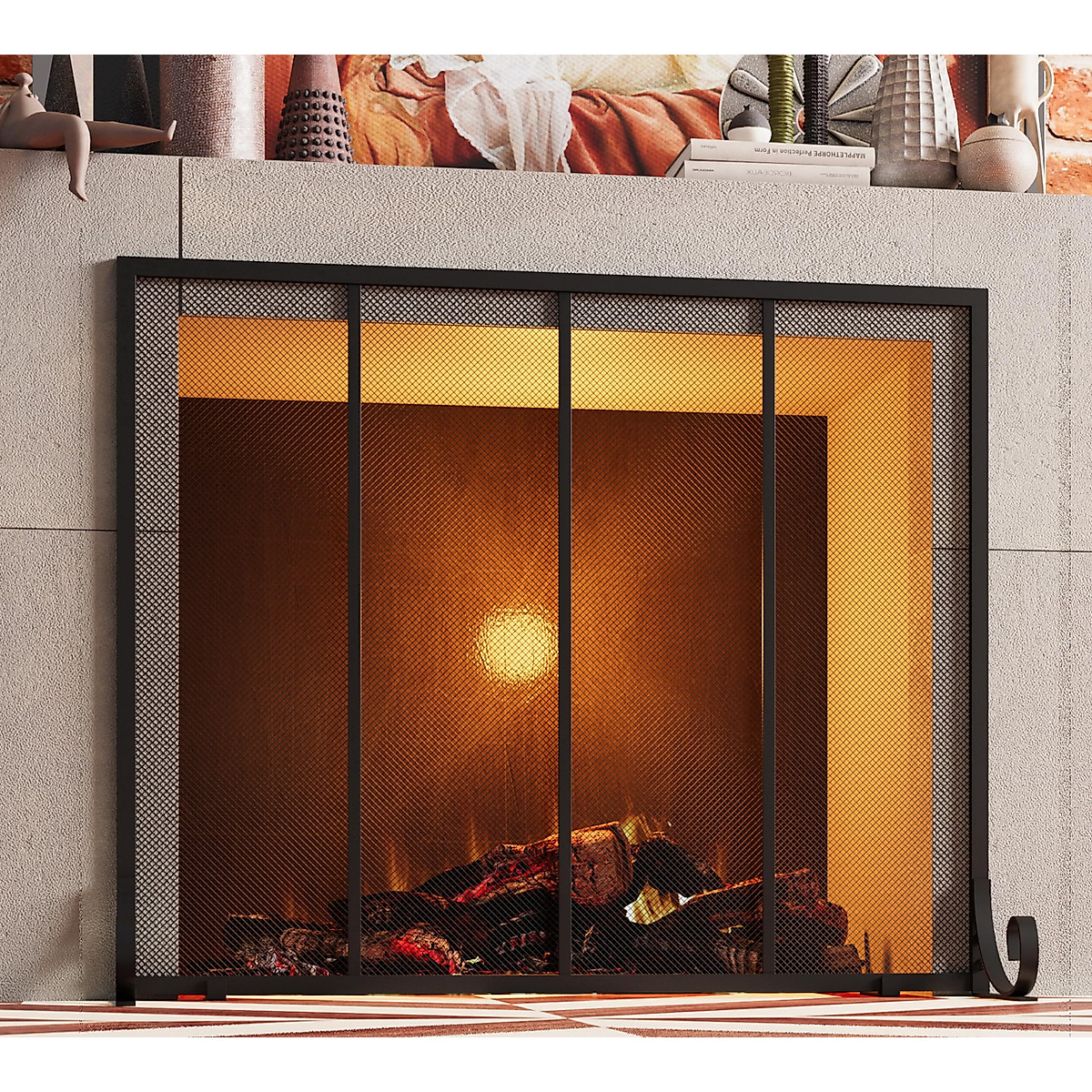 Fire Beauty Flat Panel Fireplace Screen Spark Guard Wrought Metal Gate Cover for Home, Decorative Mesh Fire Place Safety Fence,Baby Safe Spark Guard Protector
