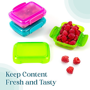 MosJos Snack Containers (4 Set) - 4.75 Oz Small Food Storage Cups with Lids - Fruit, Nuts, Sauce, Condiments & Salad Container for Lunch Box - (3 Bright Colors)