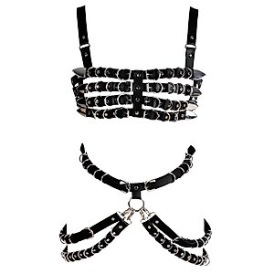 Women's full body harness bra Chest strap Leather Waist belt lingerie cage set Waist belt Punk gothic Dance Photography Rock (Black)