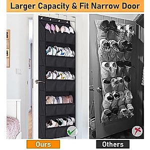 AOODA Over The Door Shoe Organizer Storage, Holds 15 Pairs Hanging Shoe Rack for Door with Large Deep Pockets, Narrow Door Shoe Holder for Closet Wall with 4 Hooks, Black