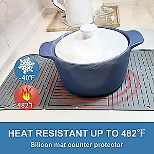 Yatmung Collapsible Silicone drying mat for Kitchen Counter - Non-Slip dish drying pad with hook and retaining band - Foldable design ( 24" x 13" ) to（ 8" x 13" ）- Large rubber rack mat（ Grey ）