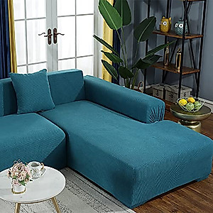 TVPFM Velvet Plush L Shape Sofa Cover L Shape Sectional Couch Cover,1 2 3 4 5 Seater Stretch Sofa Slipcover for Pets Dogs Furniture Protector with Elastic Bottom-Lake Blue 4 Seater 235-30