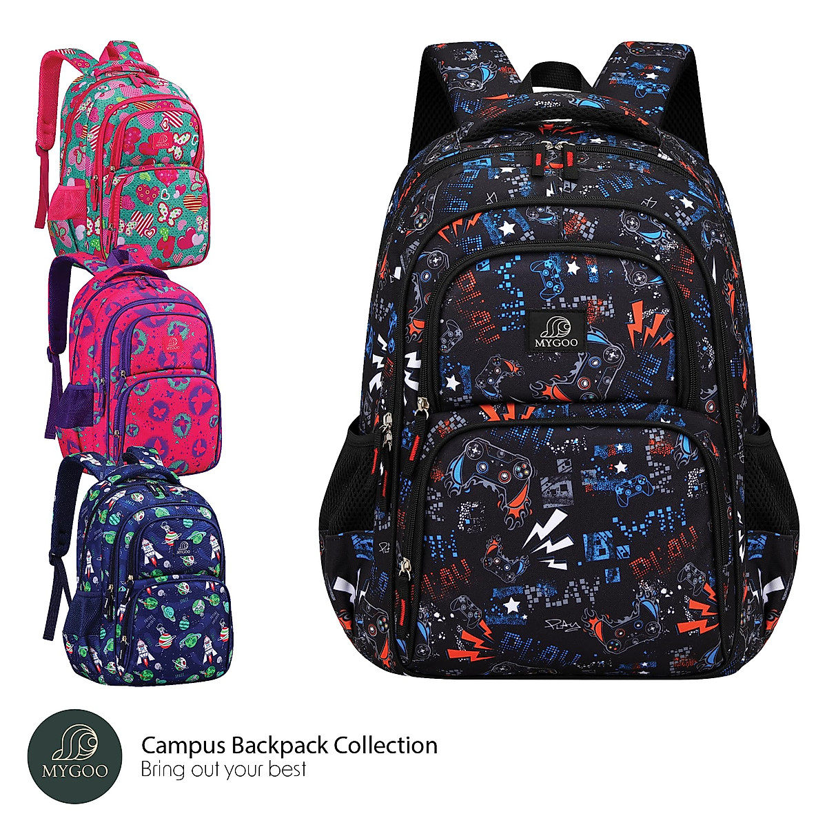 MYGOO Boys' Backpack | Campus Collection | Gamer Black Design | Perfect for Primary School | 17" Tall 24L Capacity
