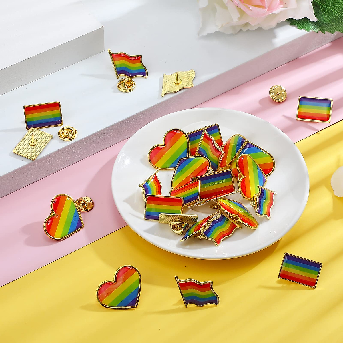 48 Pcs Gay Pride Pin Set Rainbow Heart Flag Lapel Pins Transgender Pins Lgbtq Accessories Pride Pins Lgbtq Gay Pride Buttons Men Women's Brooches Pins for Clothes Bags (Rainbow)