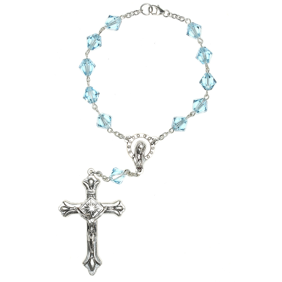 One Decade Auto Rosary made w/Aquamarine Blue Austrian Crystals (March) - Communion, Confirmation, RCIA, Birthday & more