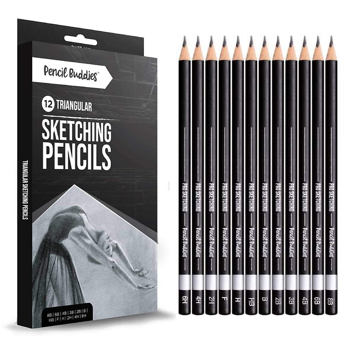 Pencil Buddies Sketch Pencils for Drawing, Triangular Drawing Pencils Set, 12 Pack Art Pencils for Drawing & Shading, Graphite Shading Pencils for Sketching, Adults & Kids, 8B-6H