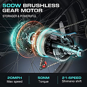 Vivi Folding Electric Bike 500W Electric Bike, 26" Electric Bicycle with Removable 48V Battery, 20MPH Electric Bikes for Adults, Up to 50Miles Range, Dual Shock Absorber, Shimano 21 Speed Gears