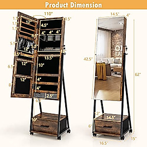 CHARMAID Rolling Jewelry Cabinet with Full Length Mirror, Lockable Standing Jewelry Armoire with Wheels, Steel Legs, Lipstick Brush Storage, Jewelry Organizer Box with Drawers (Rustic Brown)