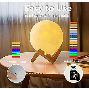 AED Birthday Gifts for Women Gifts for Teenage Girls Boys Girlfriend Anniversary, Moon Lamp 2023 Upgrade with Timer, 3D Printing 16 Colors Wooden Stand & Remote/Touch Control 4.8 inch (Small)