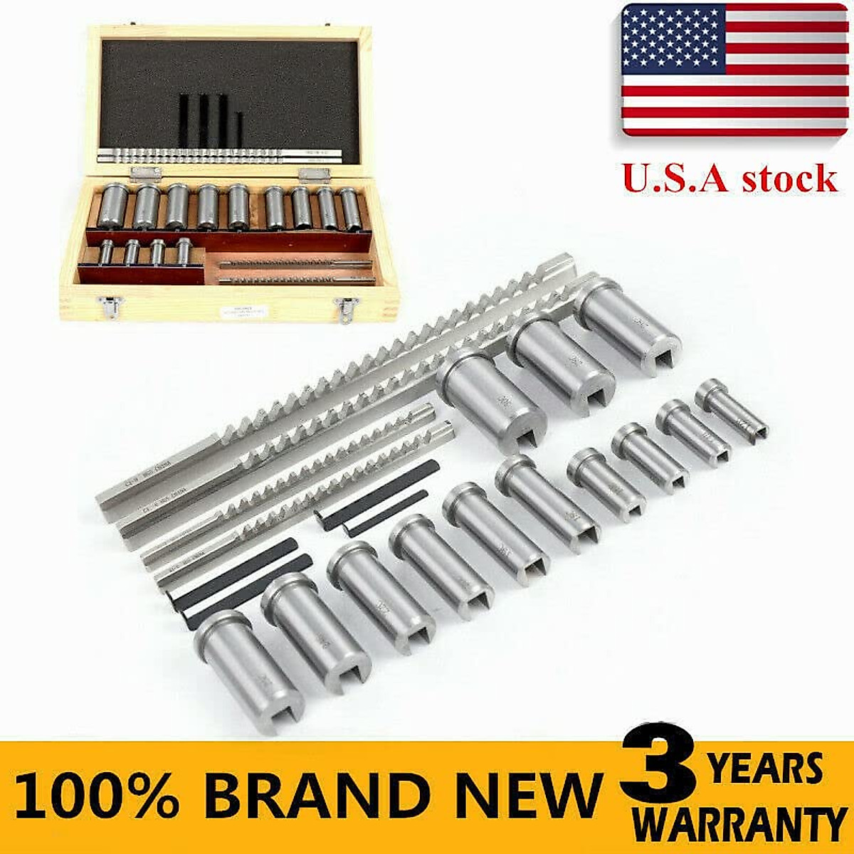 22 Pcs Keyway Broach Set in Fitted Box, Industrial Tools Metric Size Broaching Cutter Collared Bushing Shim Set W/ 4 Pcs Broach & 13 Collared Bushing & 5 Gaskets (US Stock)