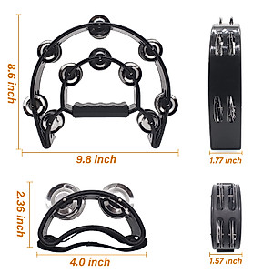Double Row Tambourine Foot Tambourine set, 9" Half Moon Tambourine Metal Jingles Hand Held Percussion with Band Wrist Bells for Kids, Adults,KTV,Party