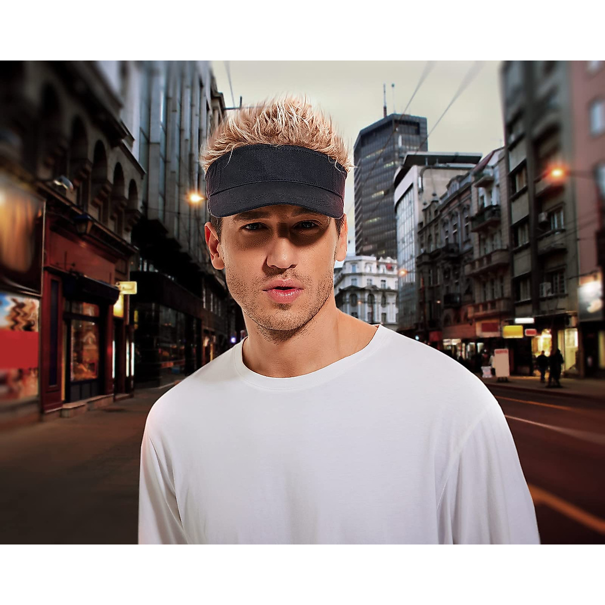 Novelty Visor Cap Adjustable Visor Hat with Spiked Wigs Fake Hair Visor for Adults (Canvas and Polyester, Black and Brown)