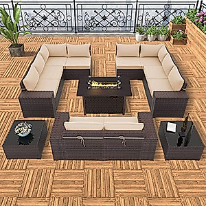 Grezone Patio Outdoor Furniture 13 Piece Set, All Weather Wicker Rattan Sofa for Backyard Lawn, Poolside Deck with Washable Cushions and Glass Coffee Table, Beige