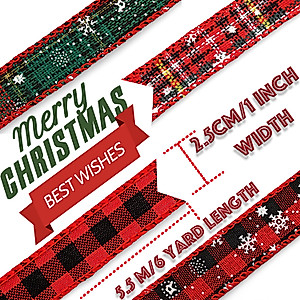 Christmas Ribbon, Ribbon for Christmas Tree, Snowflake Christmas Plaid Ribbon, Christmas Crafts, Home Wrapping Craft Decoration, Ribbons for Crafts, 24 Yards in Total, 6 Yards Each Roll, 1 Inch Width