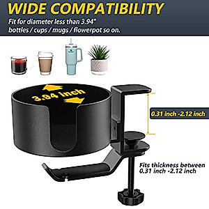 3.94'' Large Desk Cup Holder, 360° Rotating Metal Cup Holder & Under Desk Headphone Stand, Gaming Desk Anti-Spill Cup Holder Clamp for Table or Chair, Coffee Mugs, Bottles, Headset Hook
