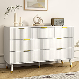 Tradare White Dresser for Bedroom, 7 Drawer Dresser with Gold Metal Handles, Wood Modern Dresser for Bedroom