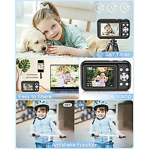 Fulealfly Digital Camera, FHD 1080P Kids Camera with Neck Lanyard 32GB Card Battery, Anti-Shake 16X Zoom, 44MP Point Shoot Cameras, Compact Portable Gift Camera for Kid Teen Student Girl Boy(Black)