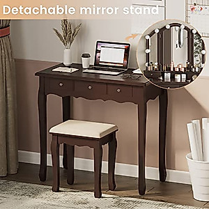 Tiptiper Vanity Desk, Makeup Vanity Set with Lighted Mirror and Stool, Dressing Table with 5 Drawers, 3 Light Settings & Adjustable Brightness, Espresso