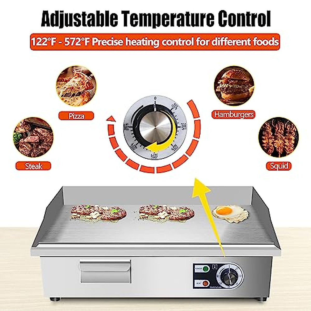 ExGizmo 22" Commercial Electric Griddle,Electric Countertop Flat Top Griddle,110V 1600W Electric Flat Top Grill,Non-Stick Restaurant Teppanyaki Stainless Steel Grill,Adjustable Temperature Control