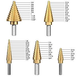 KOWOOD HSS Step Drill Bit Set & Automatic Center Punch 4 Pcs Set with Titanium Coated