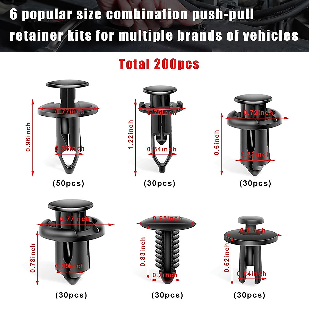 Kewucn 200 Pcs Car Retainer Clips, Plastic Push Bumper Fastener Rivet Clips, Popular Sizes Door Trim Panel Fender Clips, Body Rivets Replacement for Most Cars